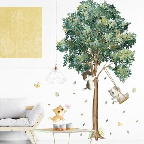 SUI Наклейка пластик интерьерная цветная "Котята и дерево" 30х90 см набор 2 листа