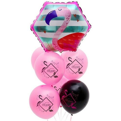 Букет из воздушных шаров "С днем рождения", фламинго, неон, латекс, фольга, набор 7 шт. 94835