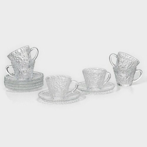 Сервиз чайный стеклянный Вулкан, 12 предметов: 6 чашек 180 мл, 6 блюдец d-14см, цвет прозрачный