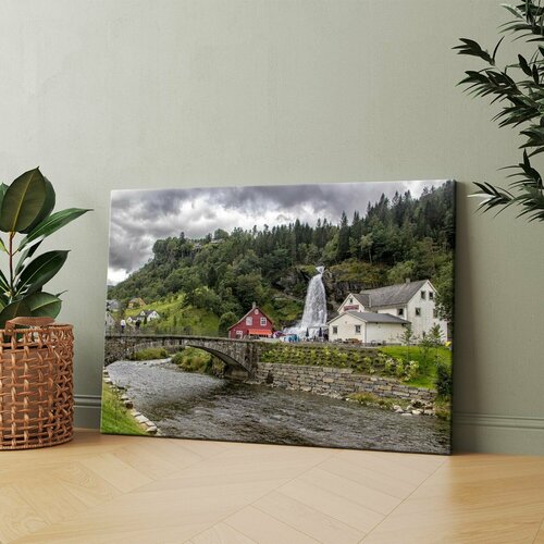 Картина на холсте (Небольшой мост через реку с водопадом) 40x60 см. Интерьерная, на стену.