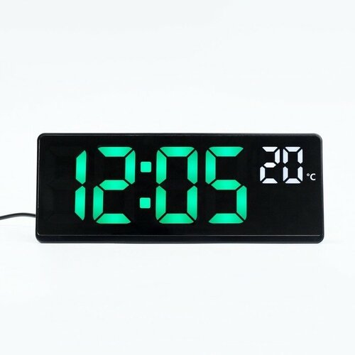 Часы электронные настольные, с будильником, термометром, 2 ААА, зеленые цифры,17.5 х 6.8 см
