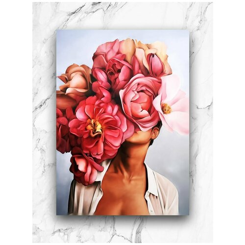 Картина для интерьера на холсте 30х40 см / Девушка с розовыми цветами