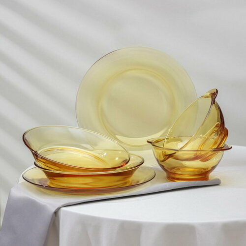 Сервиз стеклянный столовый "Дымка", 6 предметов: 2 бульонницы 450 мл, 2 тарелки 500 мл, 2 тарелки d=23см, цвет жёлтый