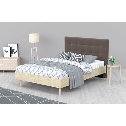 Двуспальная кровать альмена 140х190, с мягким изголовьем, коричневый-сосна, велюр, массив дерева, на ножках