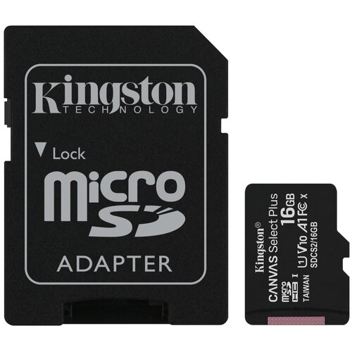 Карта памяти Kingston microSDHC 16 ГБ Class 10, V10, A1, UHS-I U1, R 100 МБ/с, адаптер на SD, 1 шт., черный