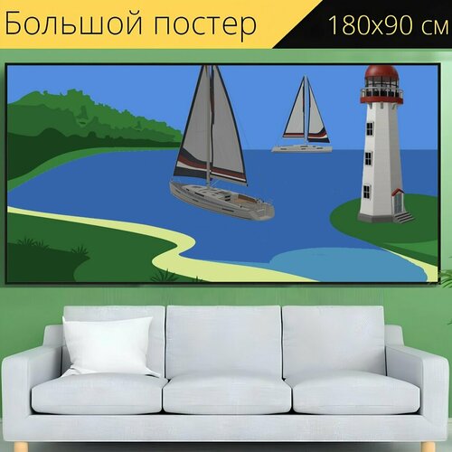 Большой постер "Парусник, маяк, море" 180 x 90 см. для интерьера