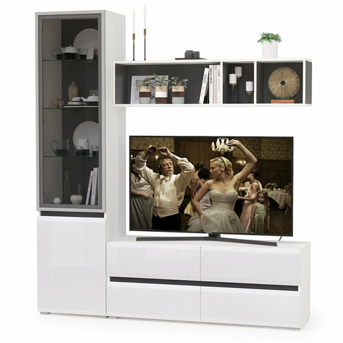 Мебельная глянцевая Мини-Стенка для гостиной под телевизор 180см белый/чёрный/МДФ белый глянец - НЖ1571