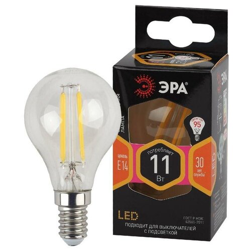 Лампа светодиодная филаментная F-LED P45-11w-827-E14 P45 11Вт шар E14 тепл. бел. | код. Б0047012 | Эра (30шт. в упак.)