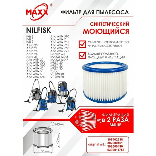 Фильтр синтетический, моющийся для пылесоса Nilfisk ATTIX 30/40/50 ATEX - TYPE 22 107400410, AERO 21/26/31, ATTIX 3/5/7, IVB 3 SERIES, VL200