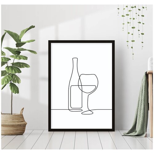Постер В раме "Бутылка вина и бокал, линейный рисунок" 40 на 50 / Картина для интерьера / Плакат на стену / Интерьерные картины в черной рамке