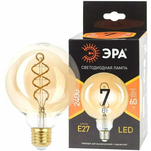 Лампа светодиодная филаментная ЭРА E27 7W 2400K прозрачная F-LED G95-7W-824-E27 spiral gold Б0047663