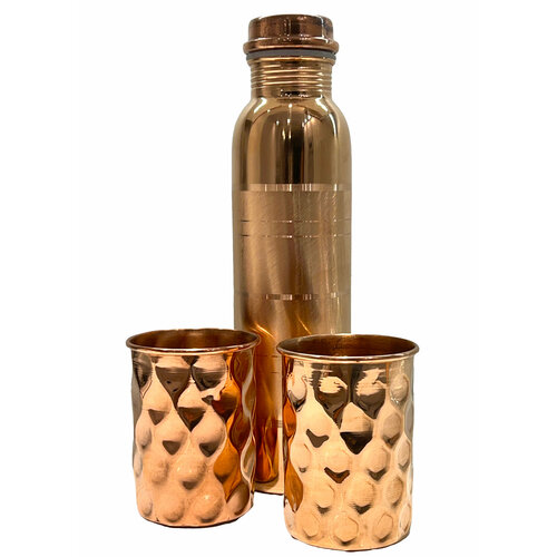 Медная бутылка Copper bottle с герметичной крышкой и два стакана