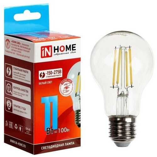 Лампа светодиодная IN HOME LED-A60-deco, 11 Вт, 230 В, Е27, 4000 К, 1160 Лм, прозрачная