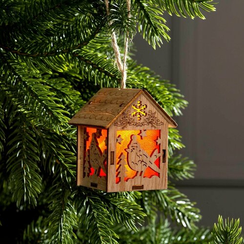 Ёлочная игрушка-подвеска "Домик с птицей" от батареек, новогодний декор с подсветкой, световая фигура на ёлку, интерьерное украшение на Новый год, свечение тёплое белое