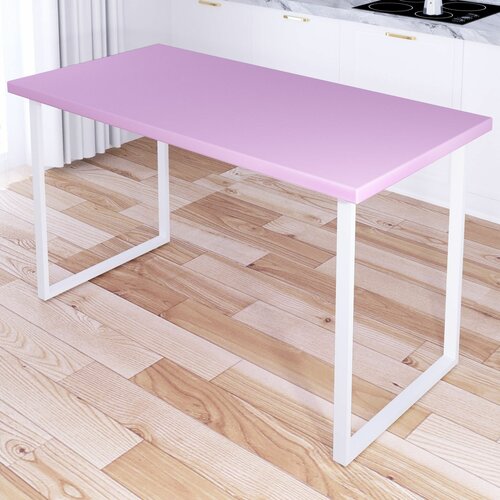 Стол кухонный Loft с розовой столешницей из массива сосны 40 мм и белыми металлическими ножками, 140х75х75 см