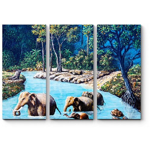 Модульная картина Семья слонов переправляется через реку 80x57