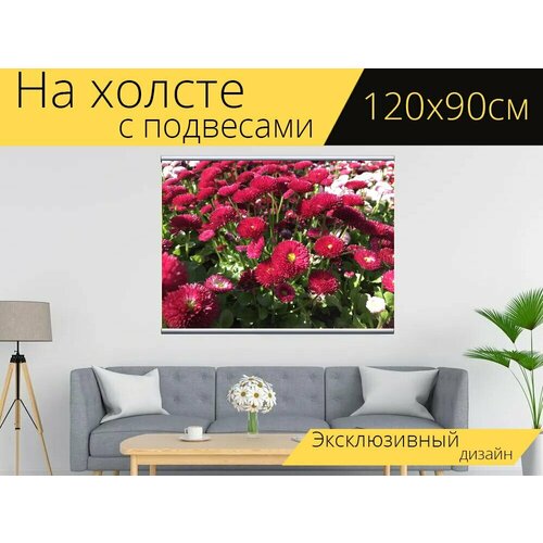 Картина на холсте "Маргаритка, цветы, сад" с подвесами 120х90 см. для интерьера