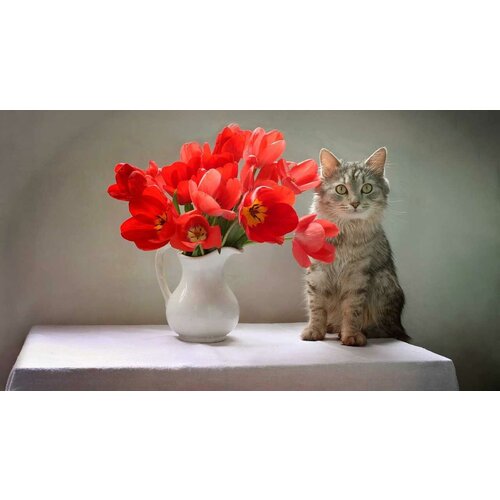 Картина на холсте 60x110 LinxOne "Кошка цветы тюльпаны кот" интерьерная для дома / на стену / на кухню / с подрамником