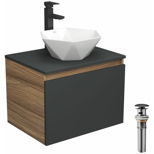 Комплект для ванной, 4 предмета (тумба Bau 60, графит + раковина на столешницу BAU Crystal 40х40 + смеситель Hotel Black, выпуск клик-клак, черный)