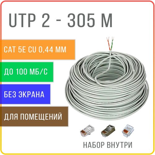 UTP 2 пары Cat 5E кабель витая пара для интернета , внутренний , чистая медь , жила 0,44 мм , 305 метров