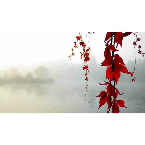 Картина на холсте 60x110 Альянс Лес "Осень озеро туман листья" на подрамнике / интерьер/ декор
