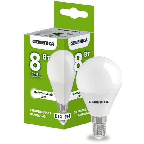 Лампа светодиодная G45 8Вт шар 4000К E14 230В | код. LL-G45-08-230-40-E14-G | GENERICA (20шт. в упак.)