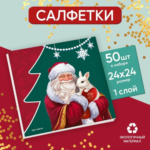Салфетки бумажные однослойные «Дед Мороз», 24 × 24 см, в наборе 50 шт.