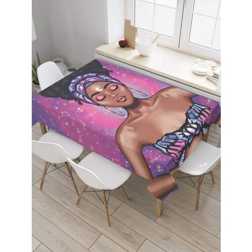 Прямоугольная тканевая скатерть на стол JoyArty с рисунком "Восточная девушка африканка на фиолетовом фоне" 120 на 145 см