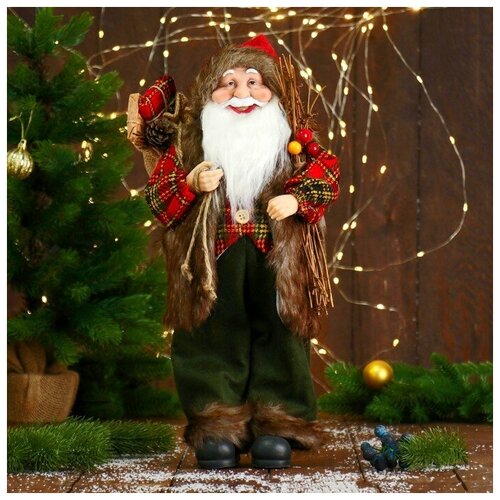 Зимнее волшебство Дед Мороз "В пушистой жилетке, с веточками" 45 см