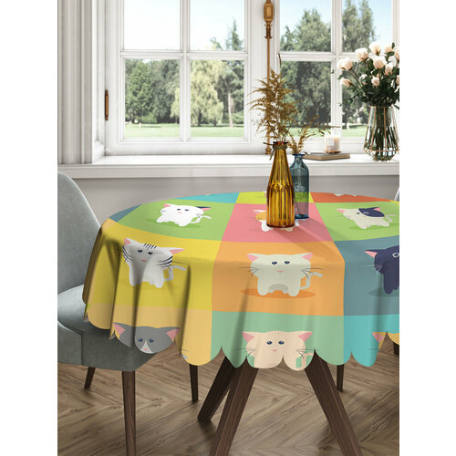 Скатерть круглая тканевая на стол JoyArty с рисунком "Коты в квадрате" 150 на 150 см