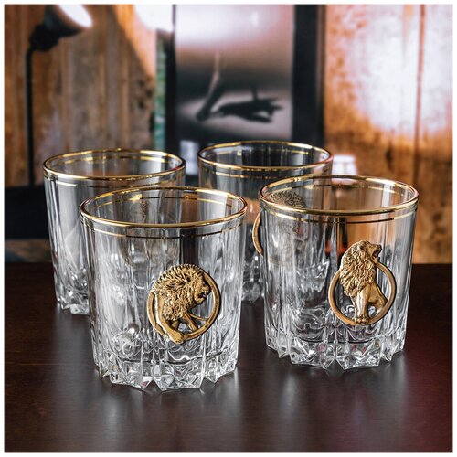 Набор из 4-х бокалов для виски с накладками "4 льва" в подарочной коробке