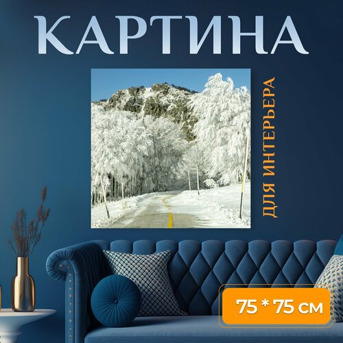 Картина на холсте "Зима, деревья, снег" на подрамнике 75х75 см. для интерьера