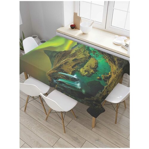 Скатерть прямоугольная JoyArty на кухонный стол "Северное сияние над водопадом" из оксфорда, 180x145 см