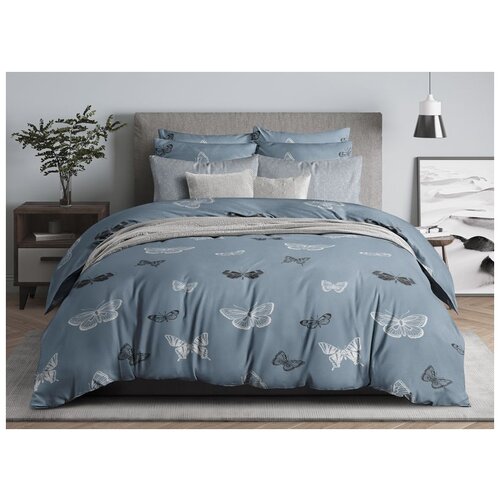 Комплект постельного белья Guten Morgen Black and White Butterflies 1074, 2-спальное с европростыней, бязь, голубой
