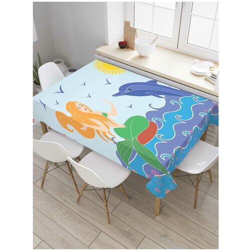 Скатерть прямоугольная JoyArty на кухонный стол "Дельфин и русалка" из оксфорда, 120x145 см
