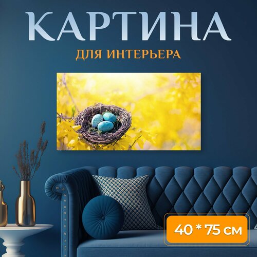 Картина на холсте "Весна, птичье гнездо, яйца" на подрамнике 75х40 см. для интерьера