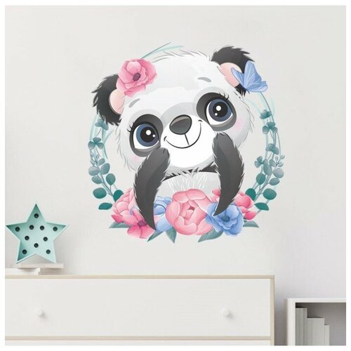 Наклейка пластик интерьерная цветная "Милая панда в цветочном венке" 39х40 см