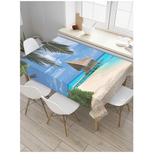 Скатерть прямоугольная JoyArty на кухонный стол "Домик на пляже" из оксфорда, 180x145 см