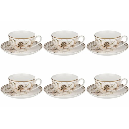 Чайный набор посуды на 6 персон 280 мл Lefard Lilies 12 Предметов, 6 чашек и Блюдец, подарочный фарфор / кружки для чая и кофе