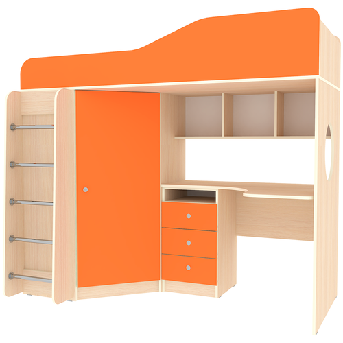 Кровать чердак Кадет 1 с металлической лестницей Дуб Молочный - Оранжевый