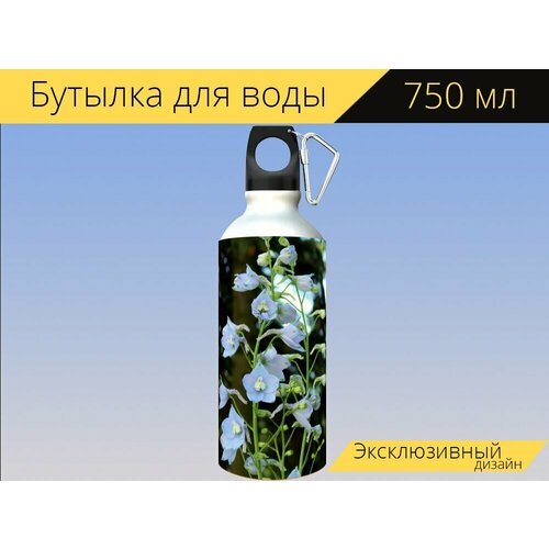 Бутылка фляга для воды "Рингтоны, цветы, синий" 750 мл. с карабином и принтом