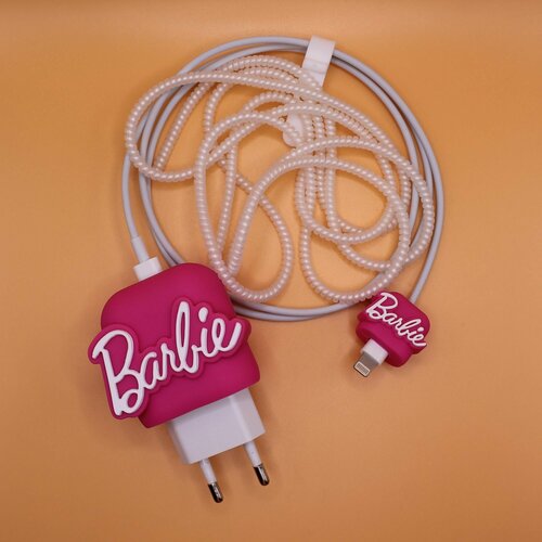 Комплект с обмоткой-спиралью для кабеля и защитный чехол для зарядки / защита кабеля от излома / Барби Barbie (белый перламутр)