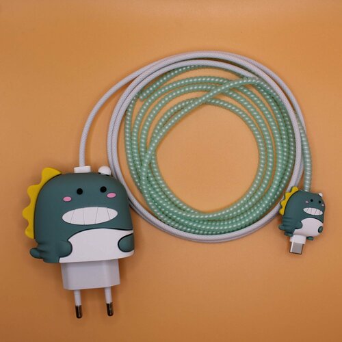 Комплект с обмоткой-спиралью для кабеля и защитный чехол для зарядки и защита кабеля от излома - Динозаврик (зеленая)