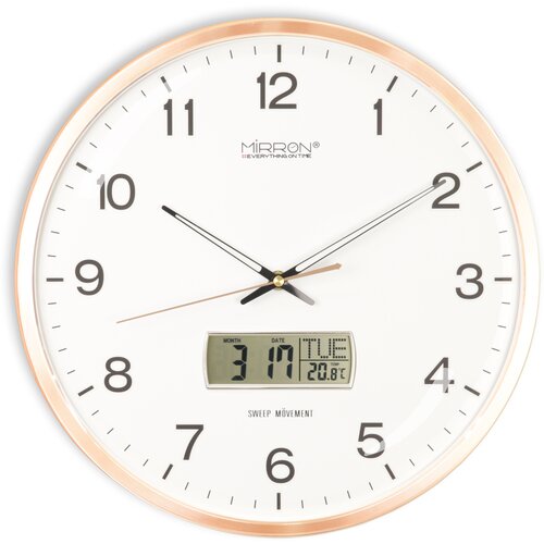 Большие круглые настенные кварцевые часы MIRRON P3248A-1 ЖК ЗБ/Светящиеся цифры/36 см/Арабские цифры/Золотистый цвет корпуса/Белый (светлый) циферблат/Бесшумный плавный механизм/Оригинальные часы/Часы с жк-дисплеем/Часы с датой/Часы с термометром