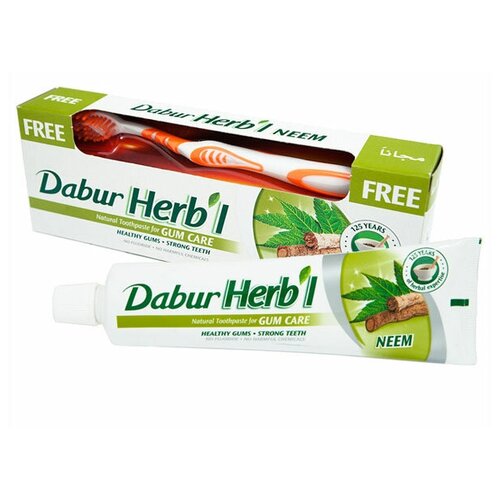 Зубная паста Дабур Хербл Ним (Dabur Herb'l Neem) с зубной щеткой средней жесткости, антибактериальная, для здоровья десен, 150 г.