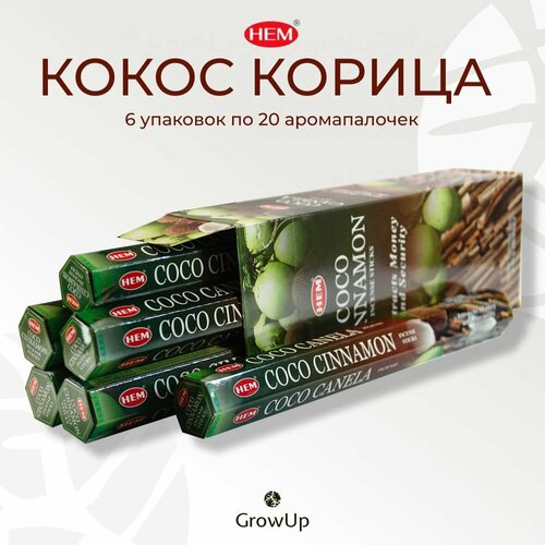 HEM Кокос Корица - 6 упаковок по 20 шт - ароматические благовония, палочки, Coconut Cinnamon - Hexa ХЕМ