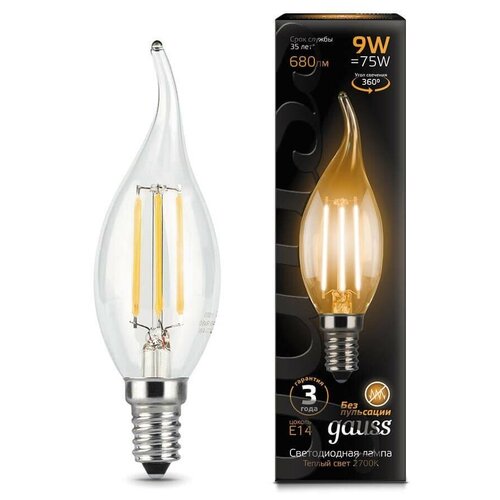 GAUSS Лампа светодиодная филаментная Black Filament 9Вт свеча на ветру 2700К тепл. бел. E14 680лм GAUSS 104801109