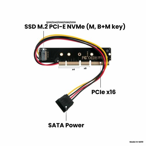 Адаптер-переходник (плата расширения) для SSD M.2 2230-22110 PCI-E NVMe (M, B+M key) в слот PCI-E 3.0/4.0 х4/x8/x16 со съемным питанием SATA, черный