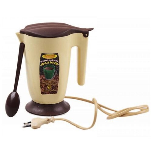 Мини-чайник дорожный 0,5л. / Электрический чайник/ Чайник дорожный / Чайник с ложкой, коричнево-бежевый