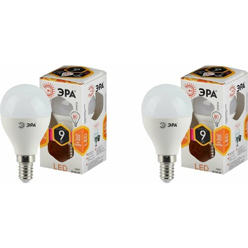 Светодиодная лампа ЭРА 9W эквивалент 80W 2700K 720Лм E14 шар (комплект из 2 шт)